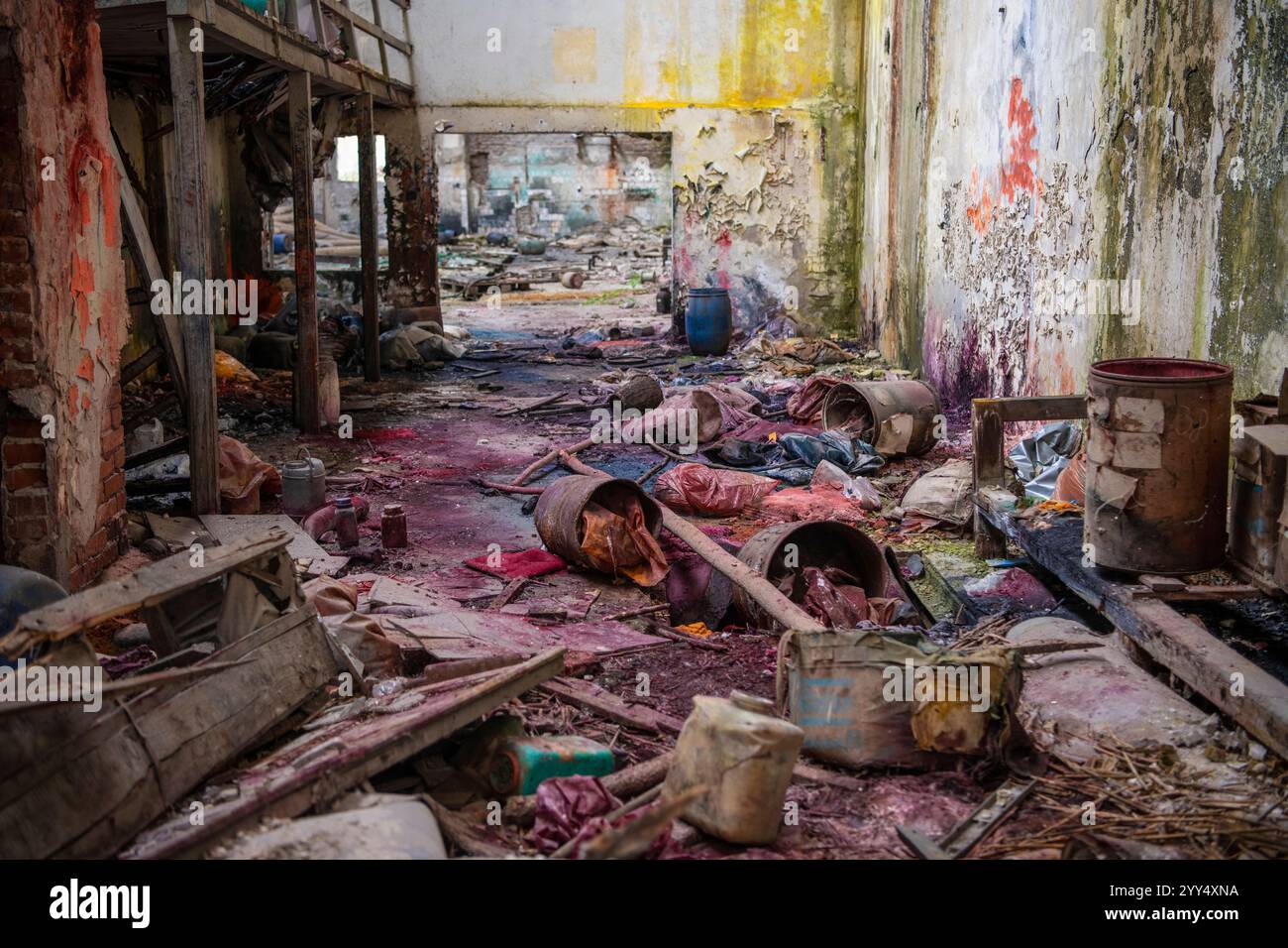 Abandoned industrial building interior covered with dangerous acid and ...