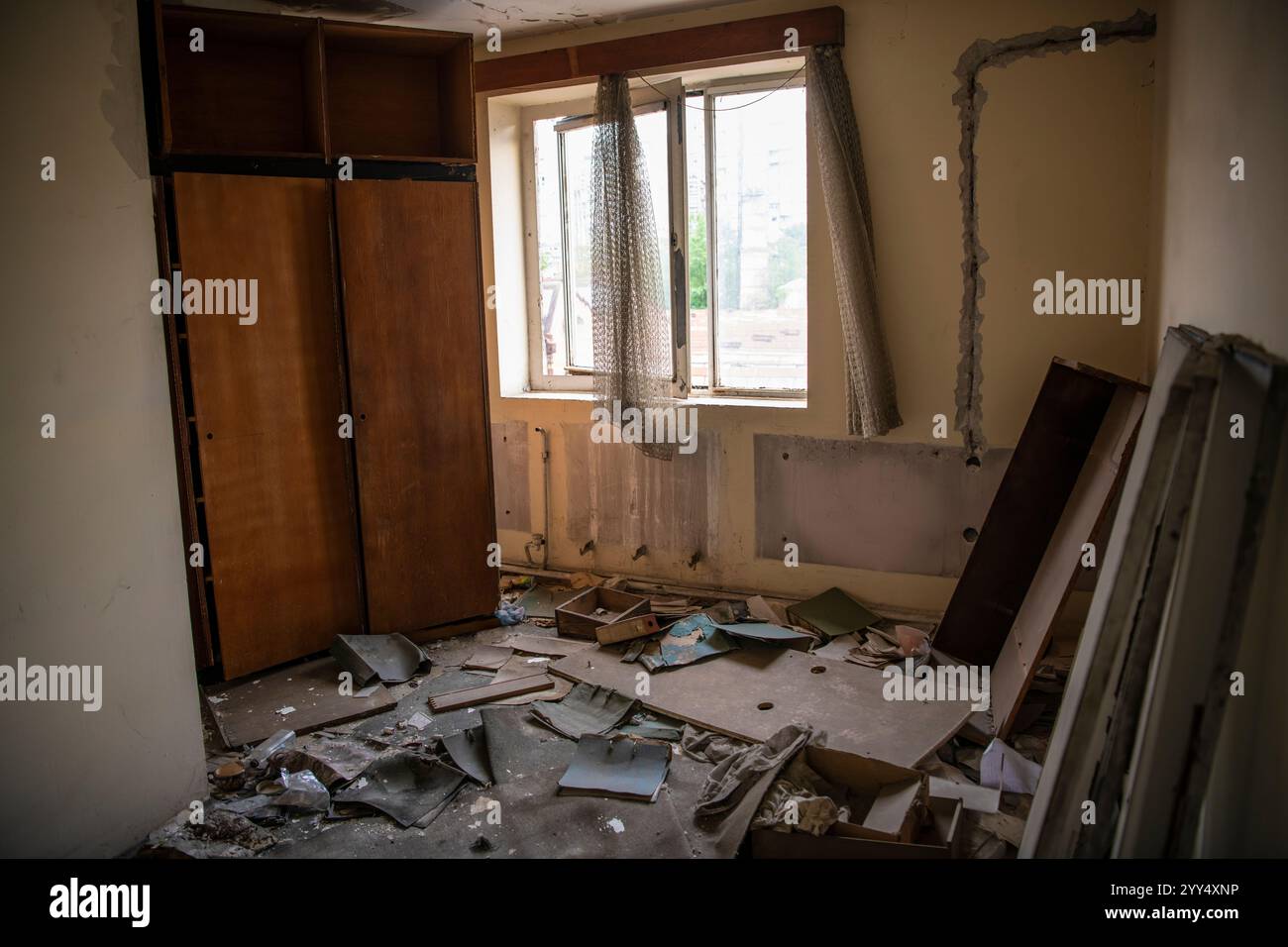 Abandoned industrial building interior. Apocalyptic scene. Ruins of ...