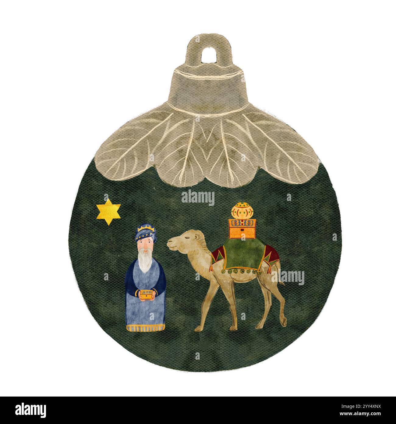 Christmas green tree ball with magi, gifts and camel isolated on white ...