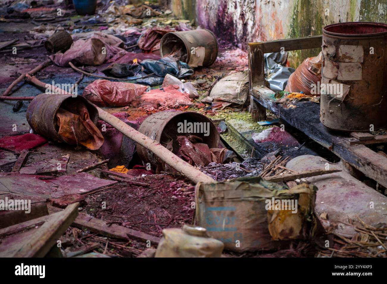 Abandoned industrial building interior covered with dangerous acid and ...