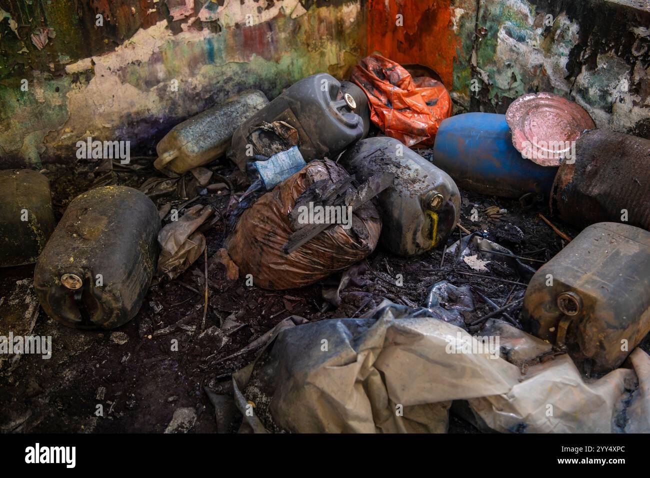 Abandoned industrial building interior covered with dangerous acid and ...