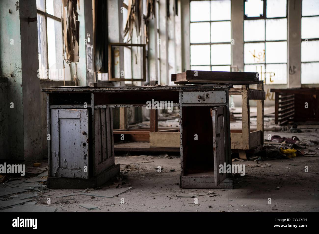Abandoned industrial building interior. Apocalyptic scene. Ruins of ...