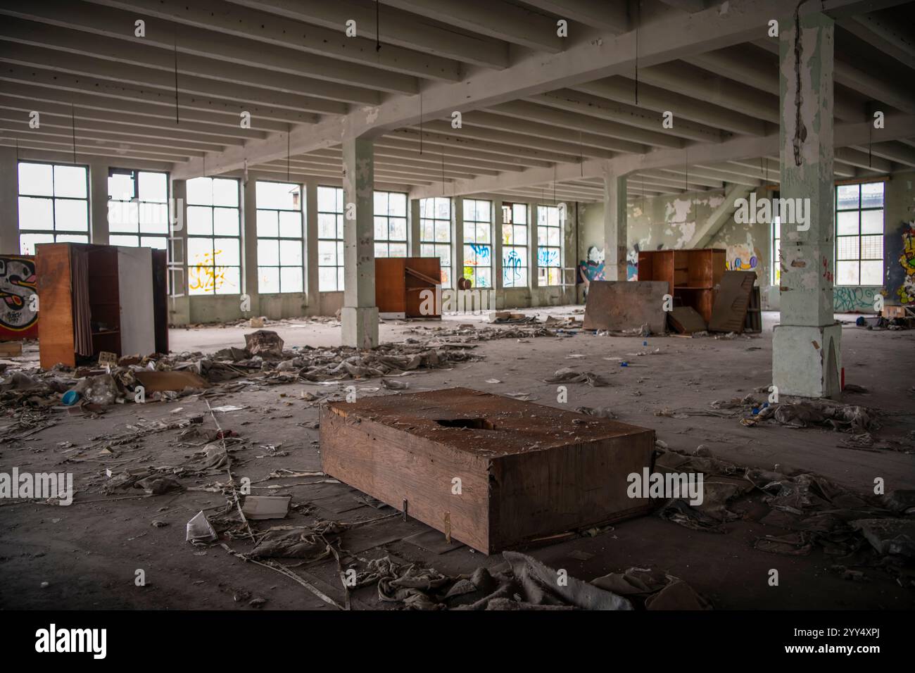 Abandoned industrial building interior. Apocalyptic scene. Ruins of ...