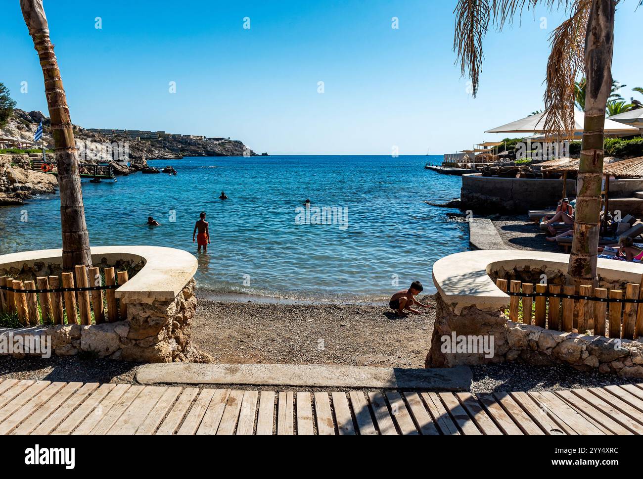 Rhodes, Greece July 7, 2024: Beach within the thermal springs Kallithea ...