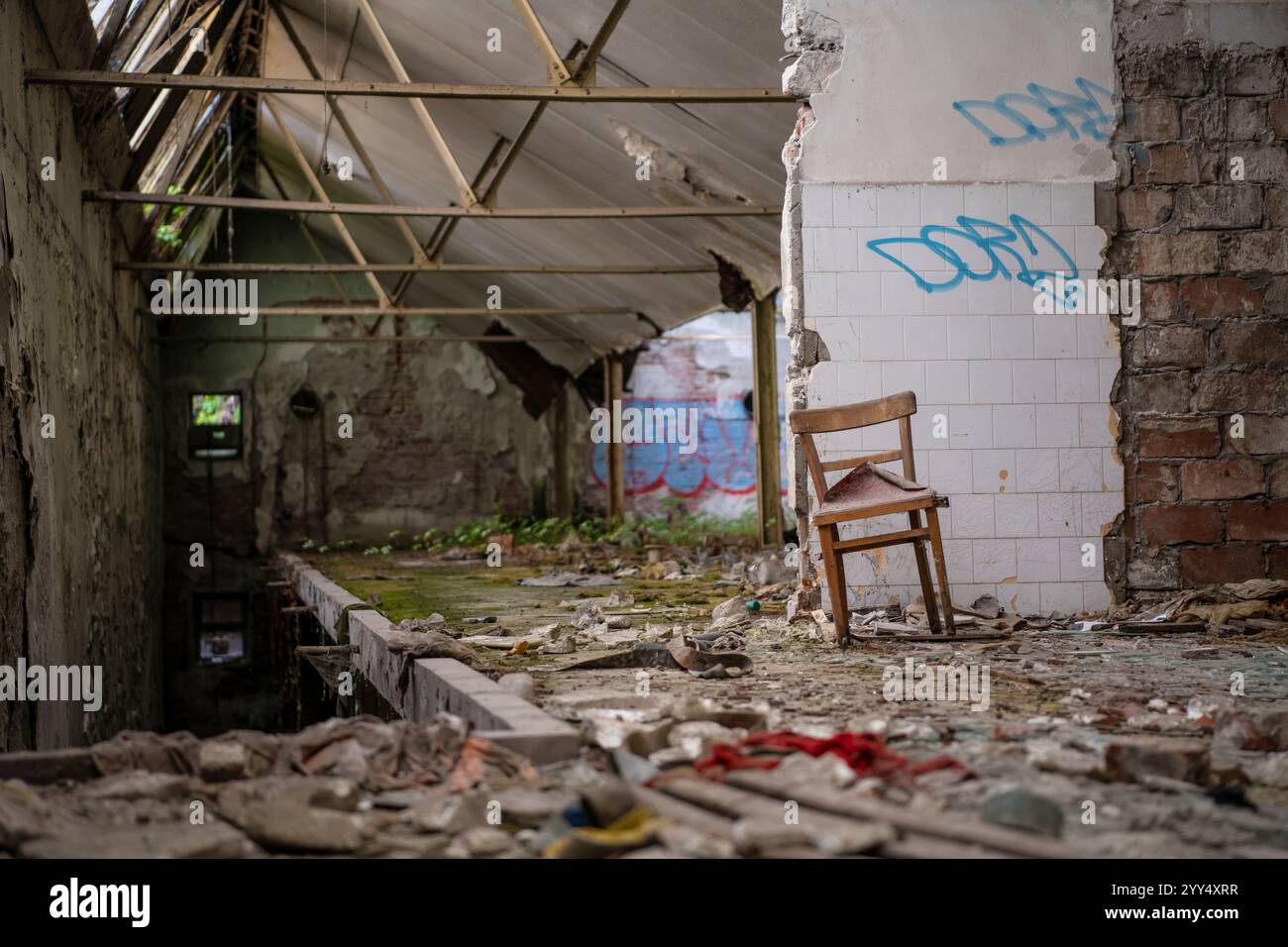 Abandoned industrial building interior. Apocalyptic scene. Ruins of ...