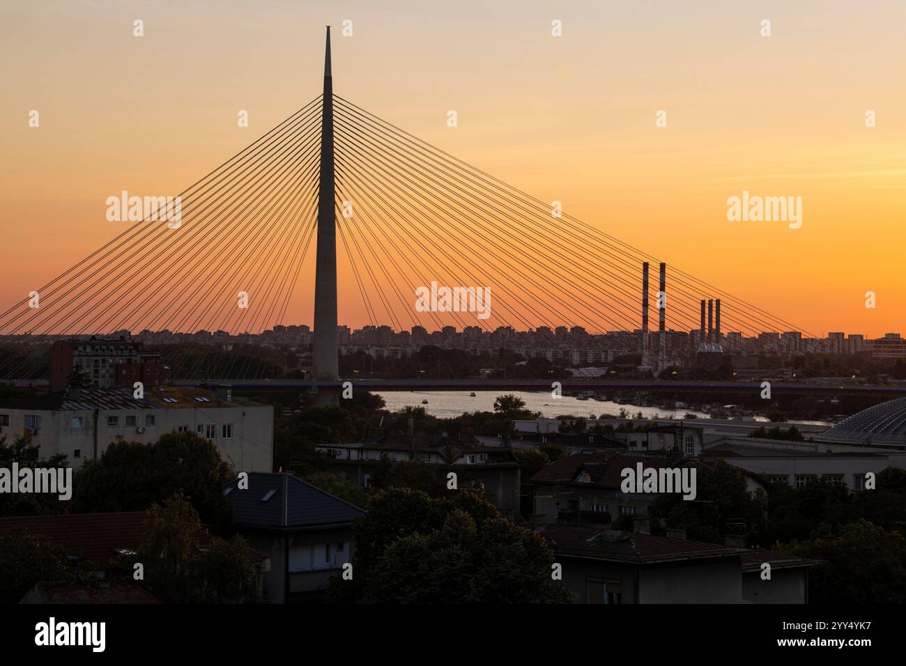 Silhouette of Ada Bridge (Most na Adi) at sunset, Belgrade, Serbia ...