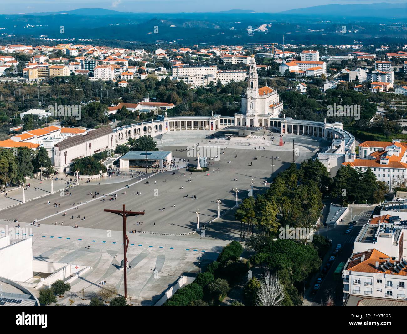 Aerial drone view of the Sanctuary of Fatima, Portugal, capturing the ...