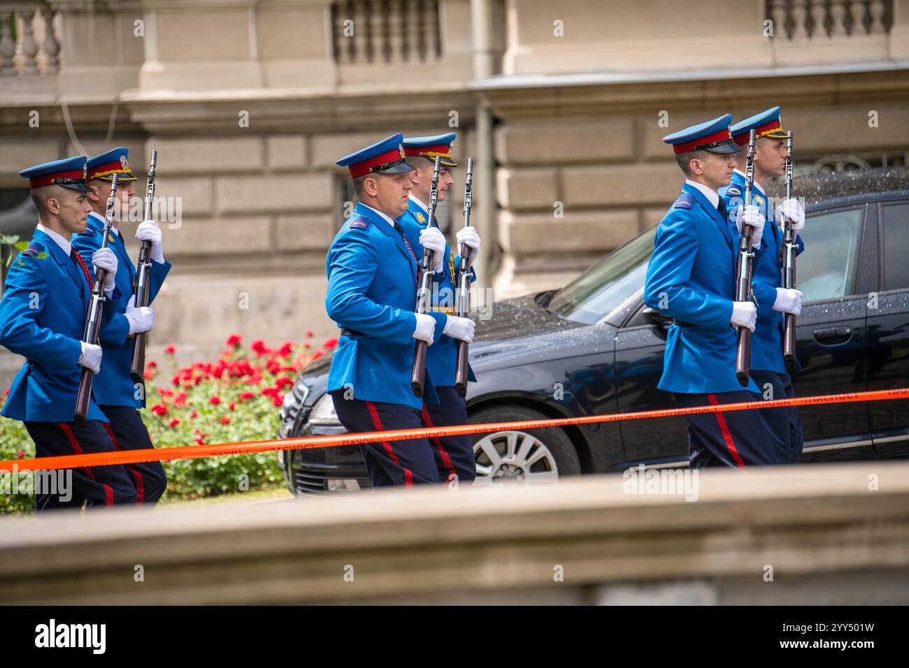 Serbian guard soildiers lined for ceremony. Members of the guard of ...