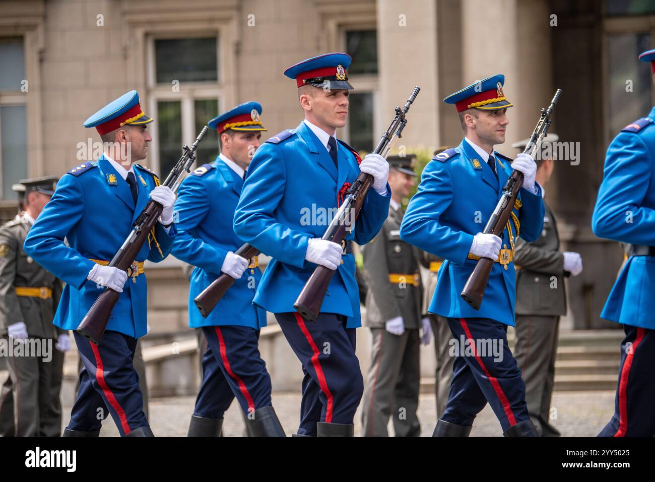 Serbian guard soildiers lined for ceremony. Members of the guard of ...