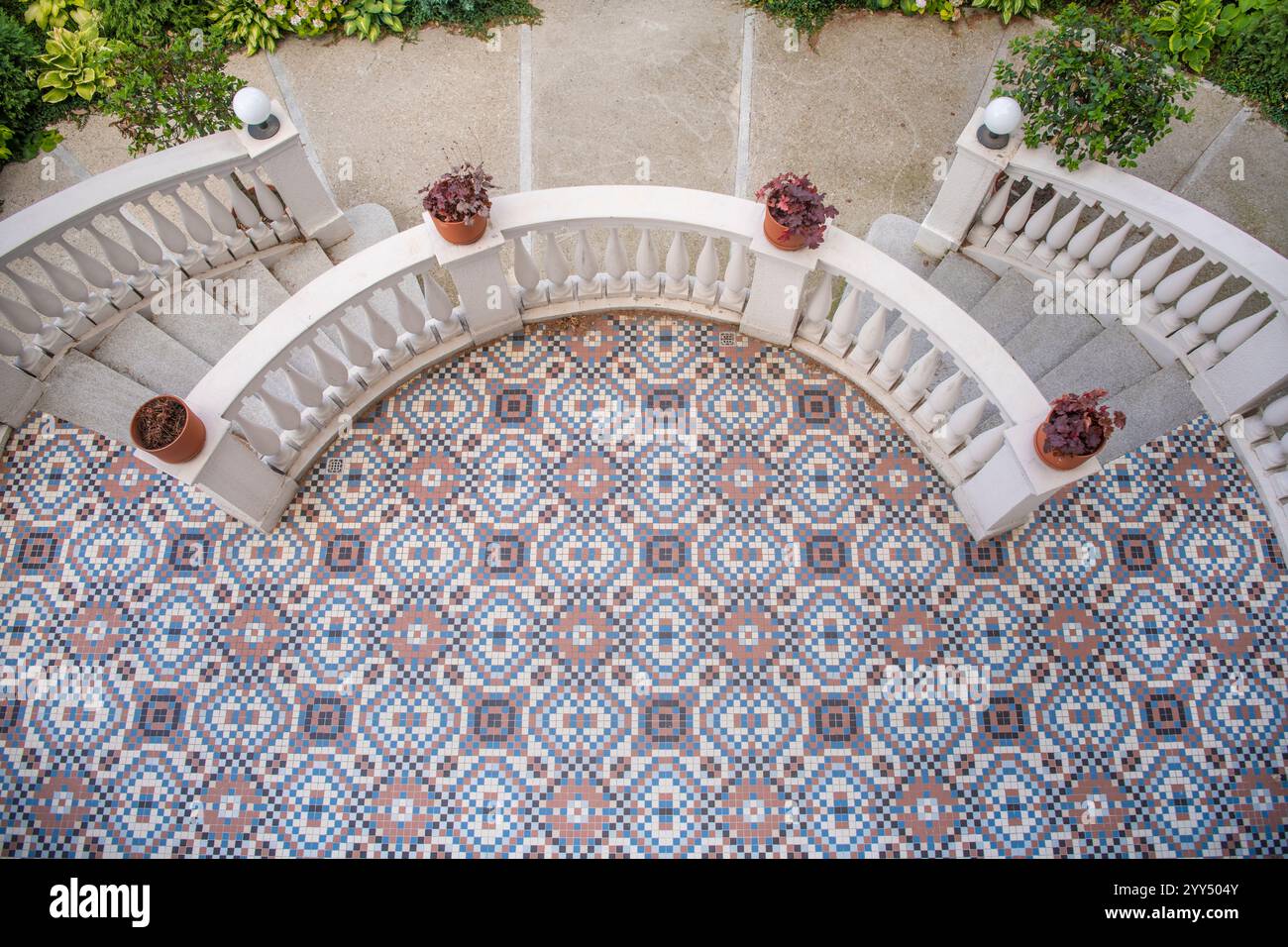 Small checkered square mosaic vintage tile on terrace floor ...