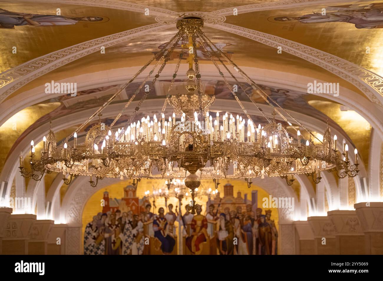 Interior and large chandelier and icon in Underground Crypt of orthodox ...