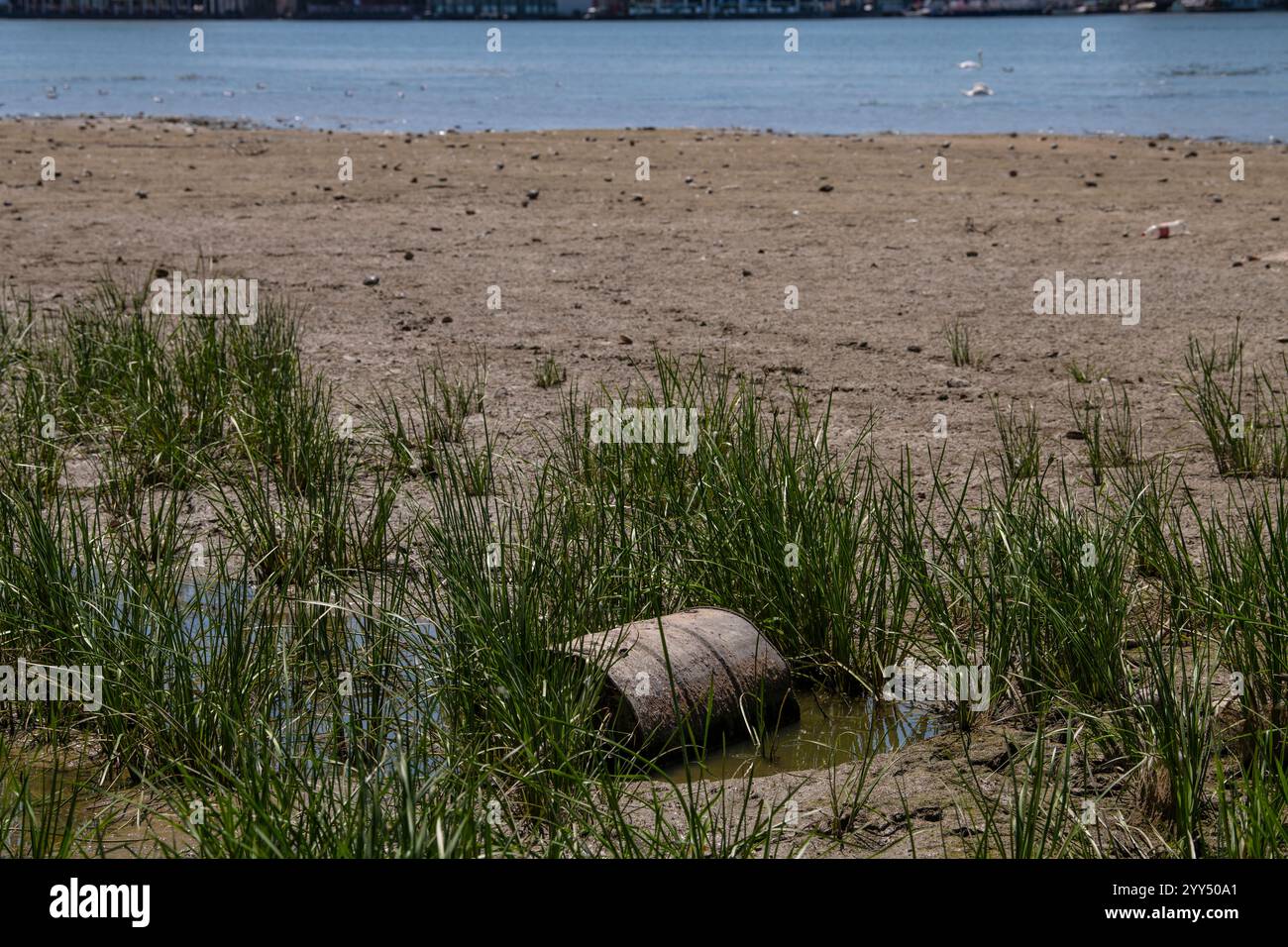 Rusty barrel on dried-up river shore. Polluted environment. Ecological ...