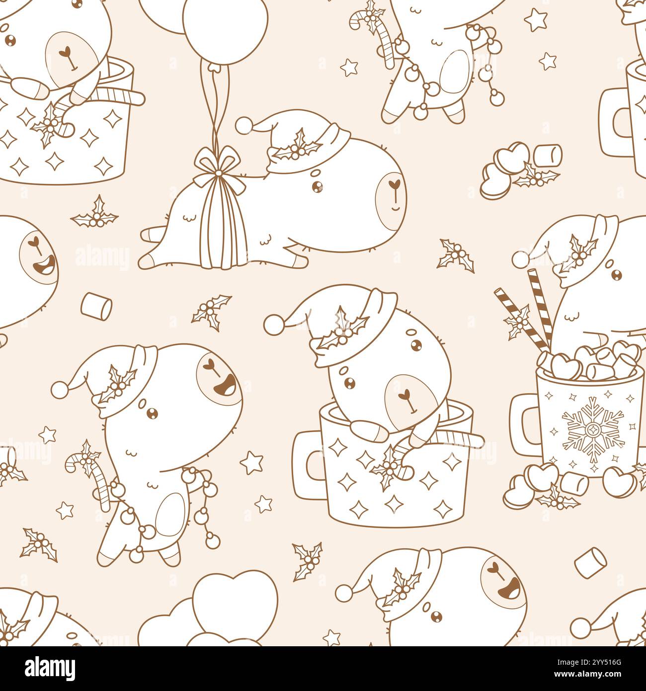 Outline Seamless pattern. Christmas Cute Capybara Santa in cup Cocoa ...