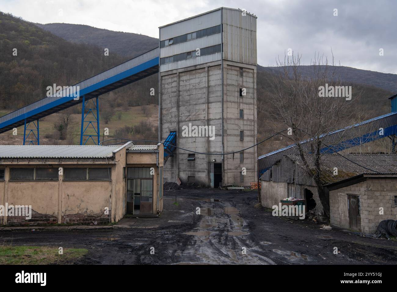Old mining facility and main entrance to Rudnik Soko, brown coal and ...