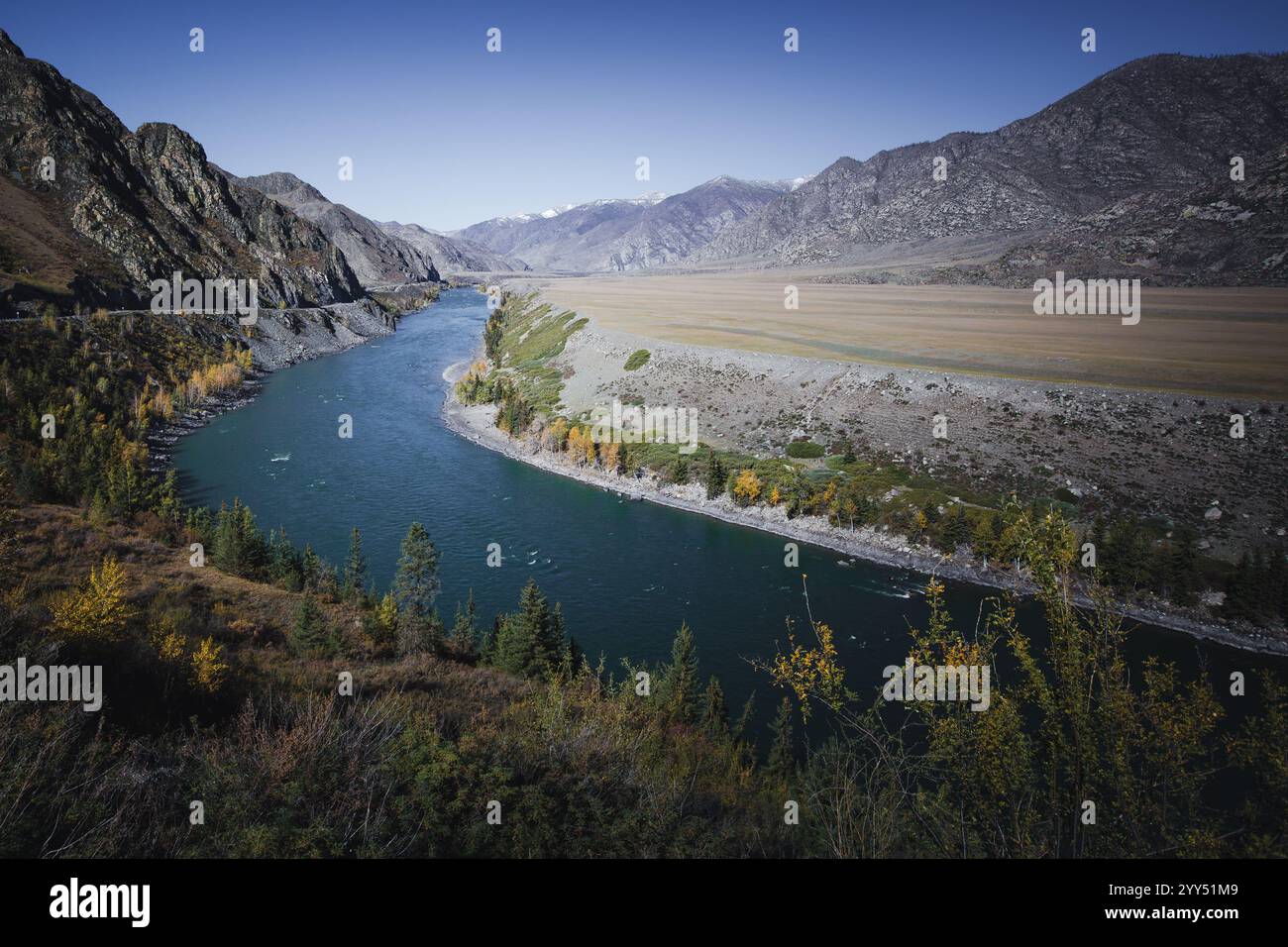 The Katun River flowing through the mountains of the Altai Republic ...