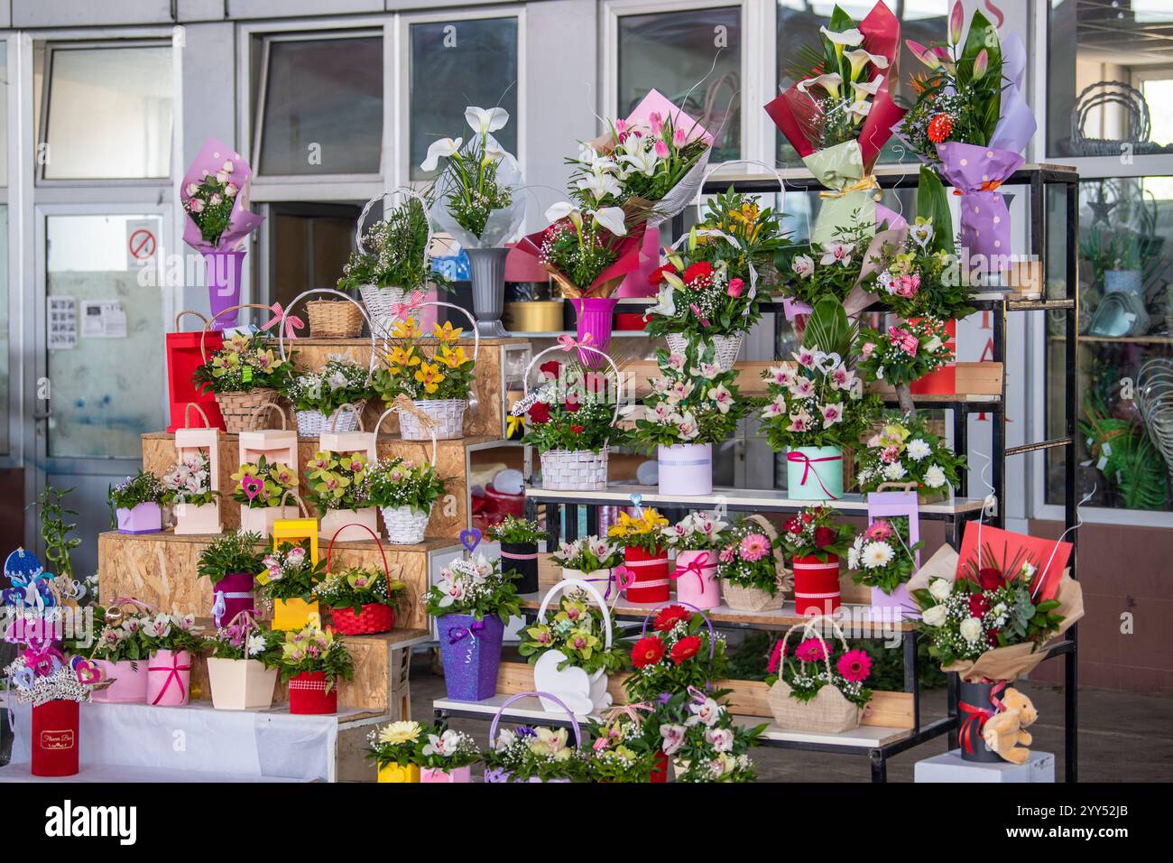 Beautiful colorful Flowers and Herbs at open air street flower market ...