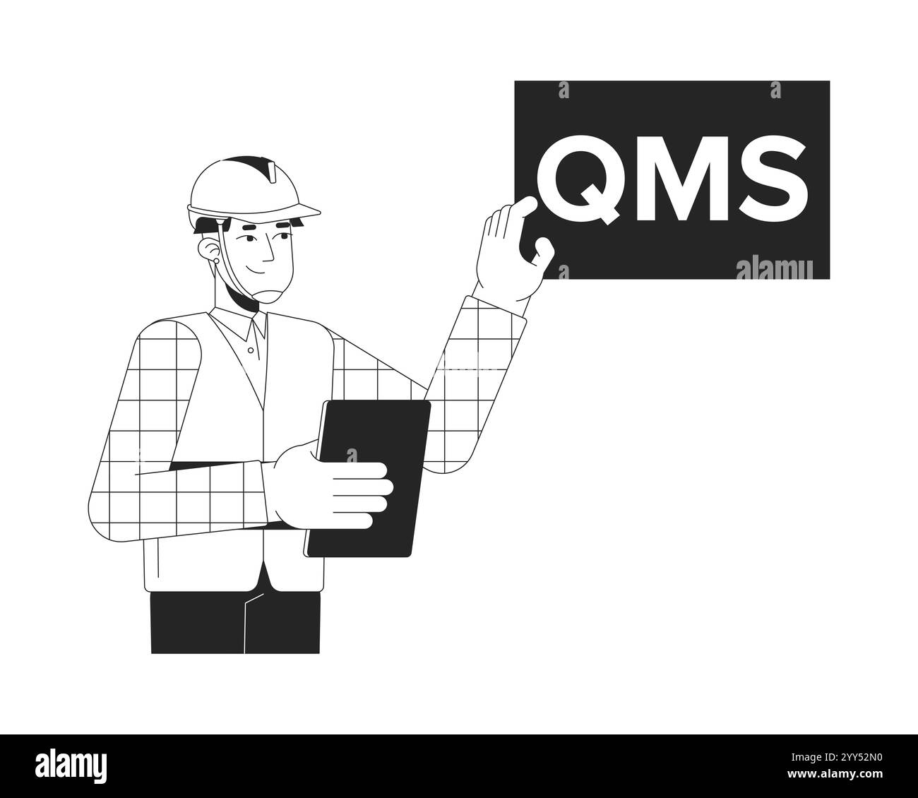 Hardhat worker explaining quality management system black and white 2D ...