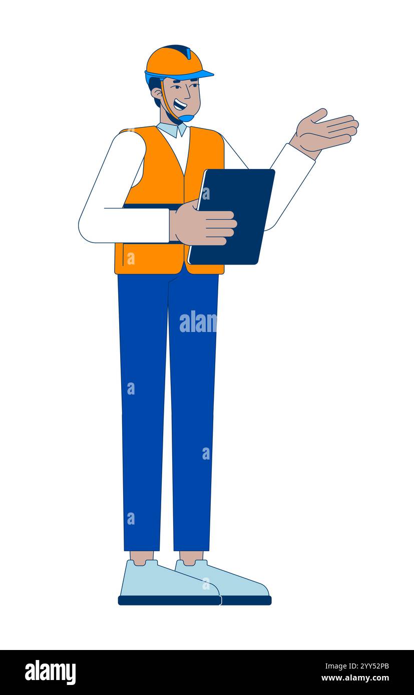 Hardhat indian supervisor giving instructions with tablet 2D cartoon ...