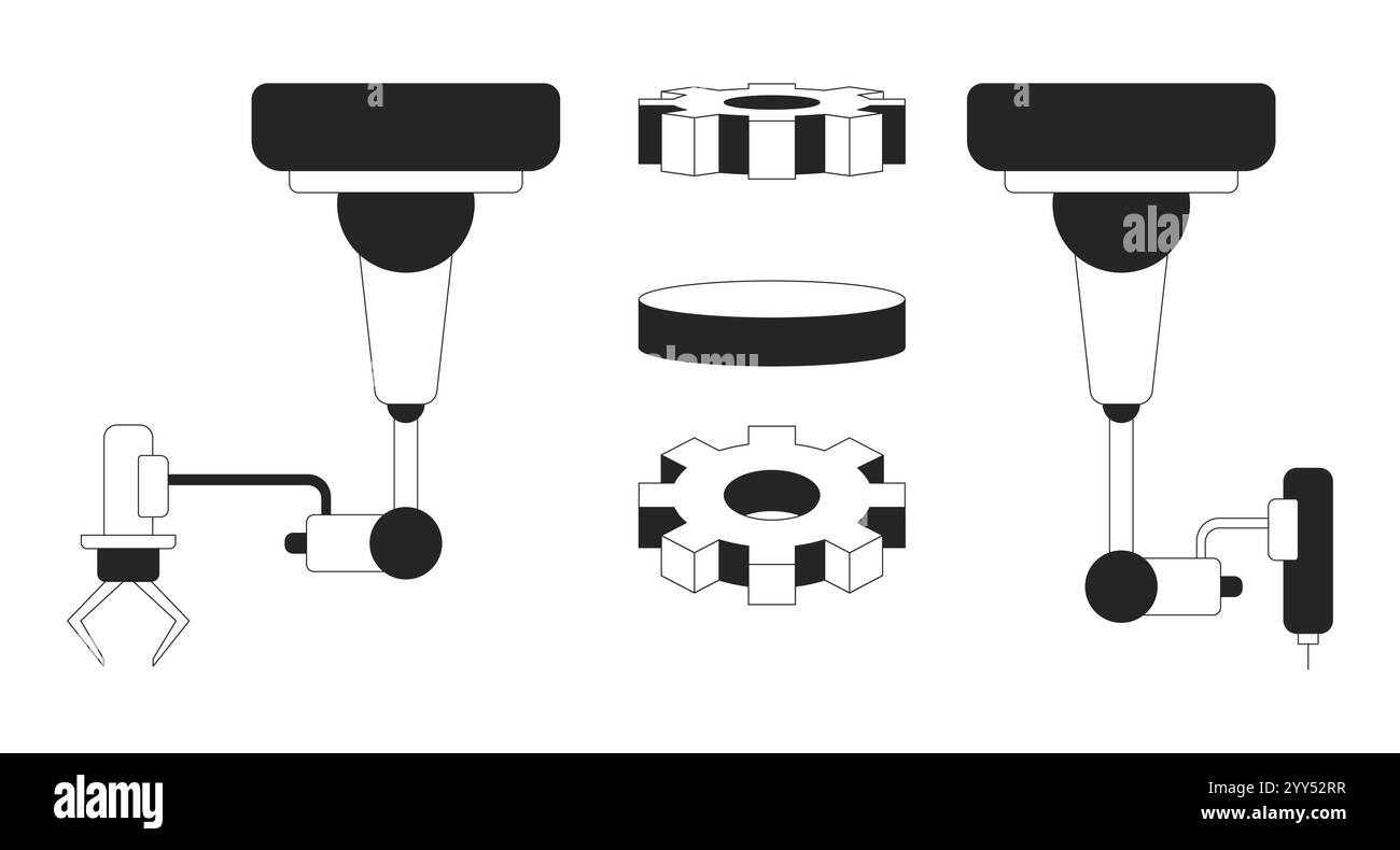 Robotic arms and gears black and white 2D line objects set Stock Vector ...