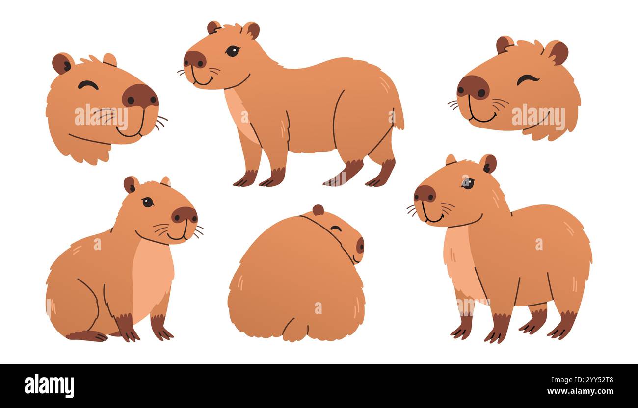 Cute capybara set. Funny flat cartoon animal collection. Kawaii hand ...