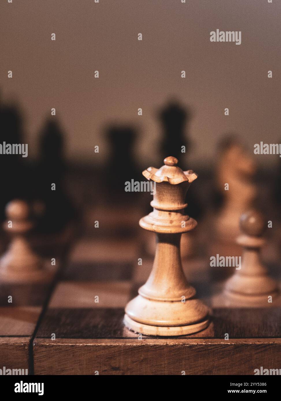 The White Queen playing piece on a chess board Stock Photo - Alamy