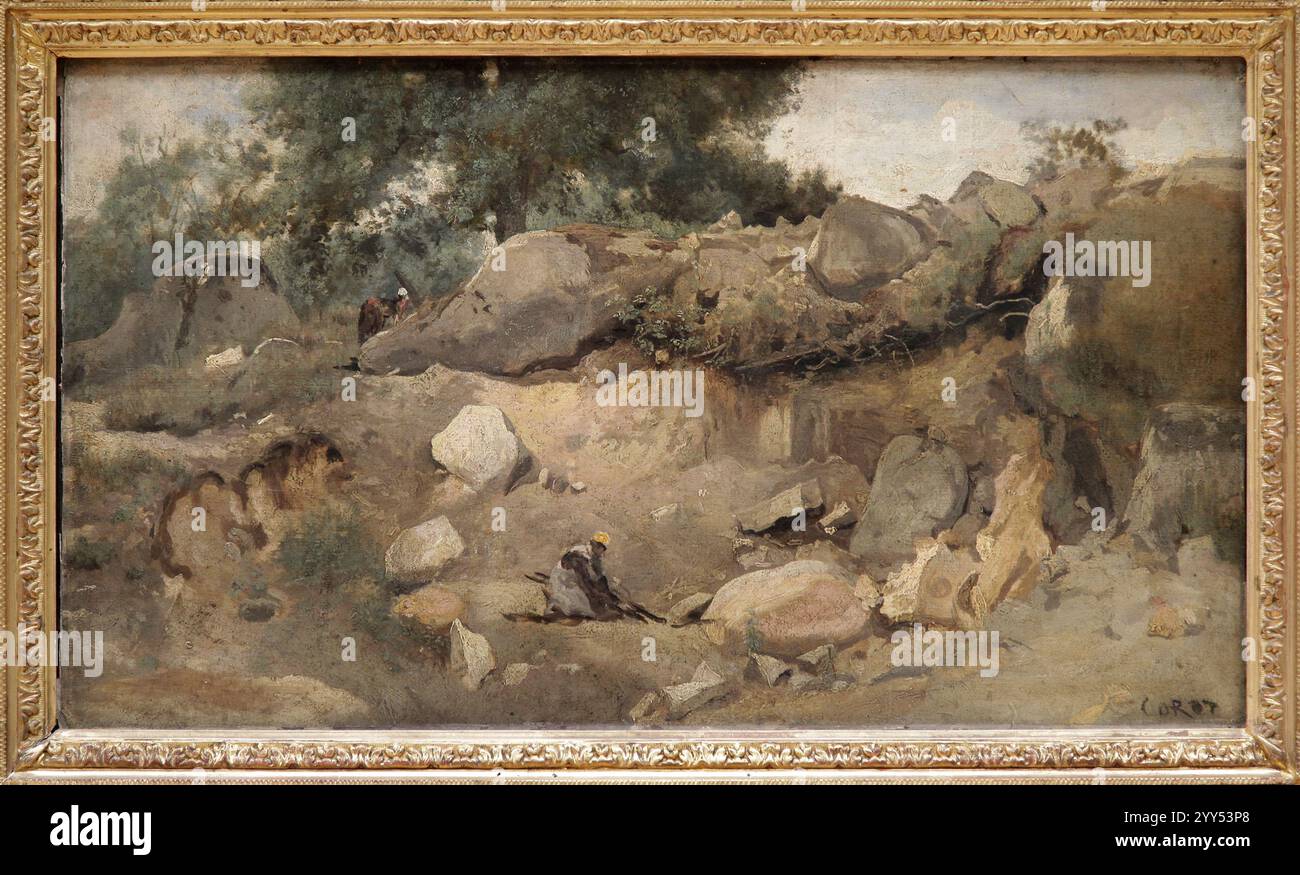 The Chaise Marie Quarry at Fontainebleau (1831) painted by Jean Baptiste Camille Corot (1796 ...