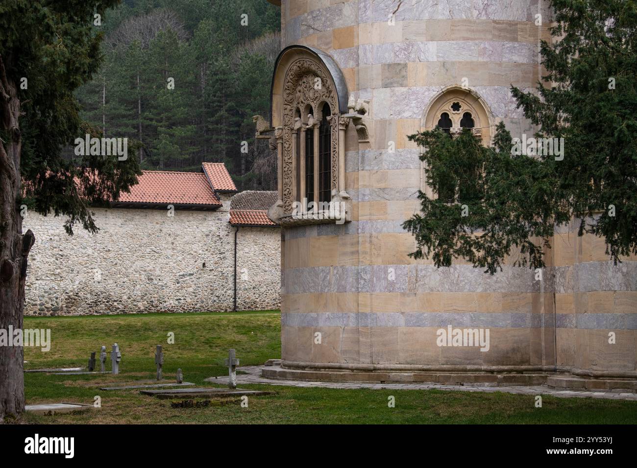 Details and window decoration of Medieval Monastery and orthodox Church ...