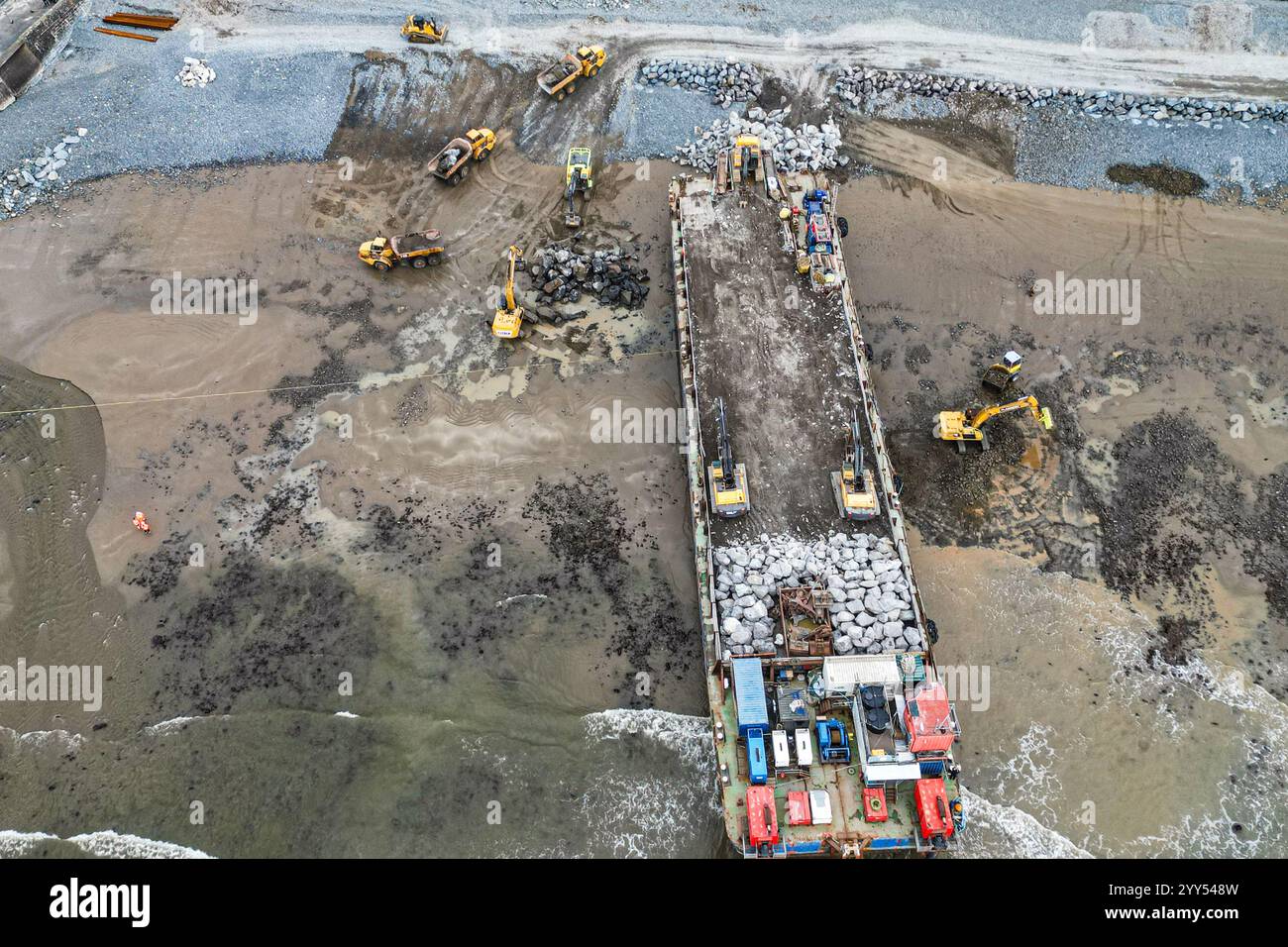The construction of the sea defense in Aberaeron West Wales UK at a ...