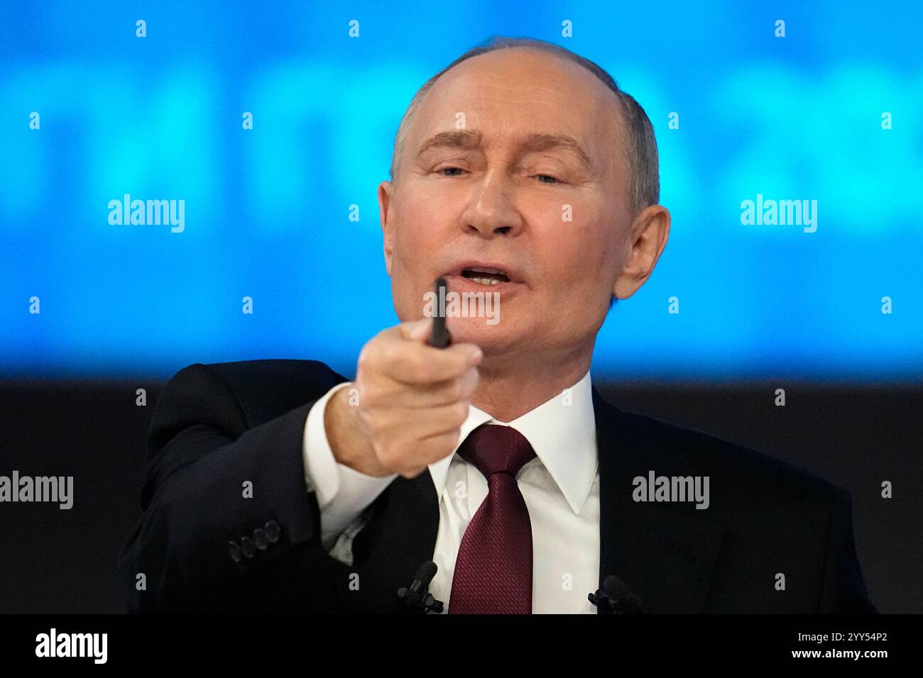 Russian President Vladimir Putin gestures during his annual news ...