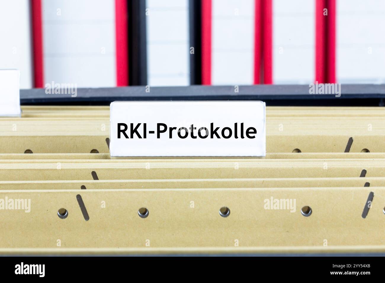 Sign with the inscription RKI-PROTOKOLLE on a suspension file folder ...