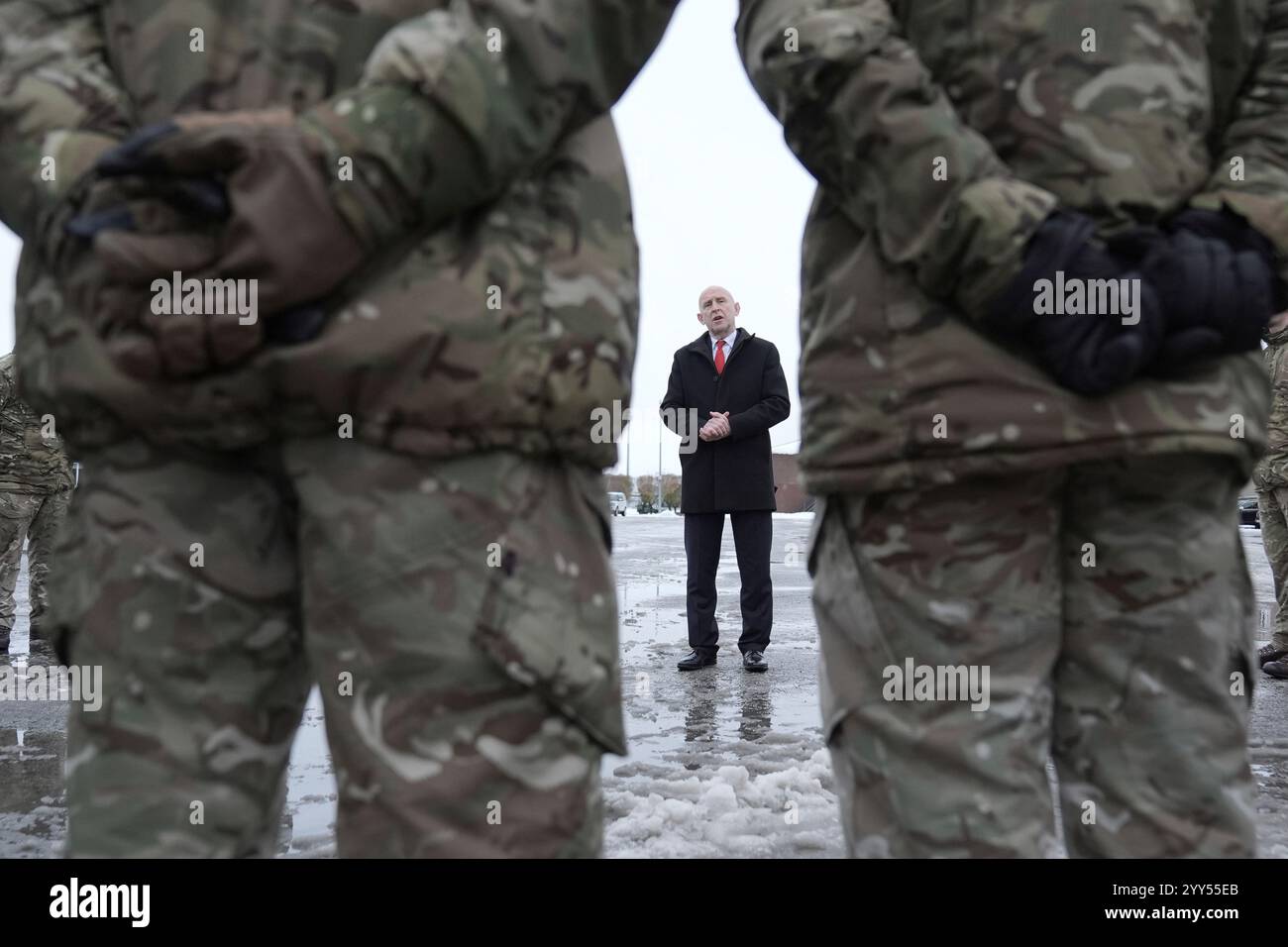 Defence Secretary John Healey speaks as he meets British personnel at ...