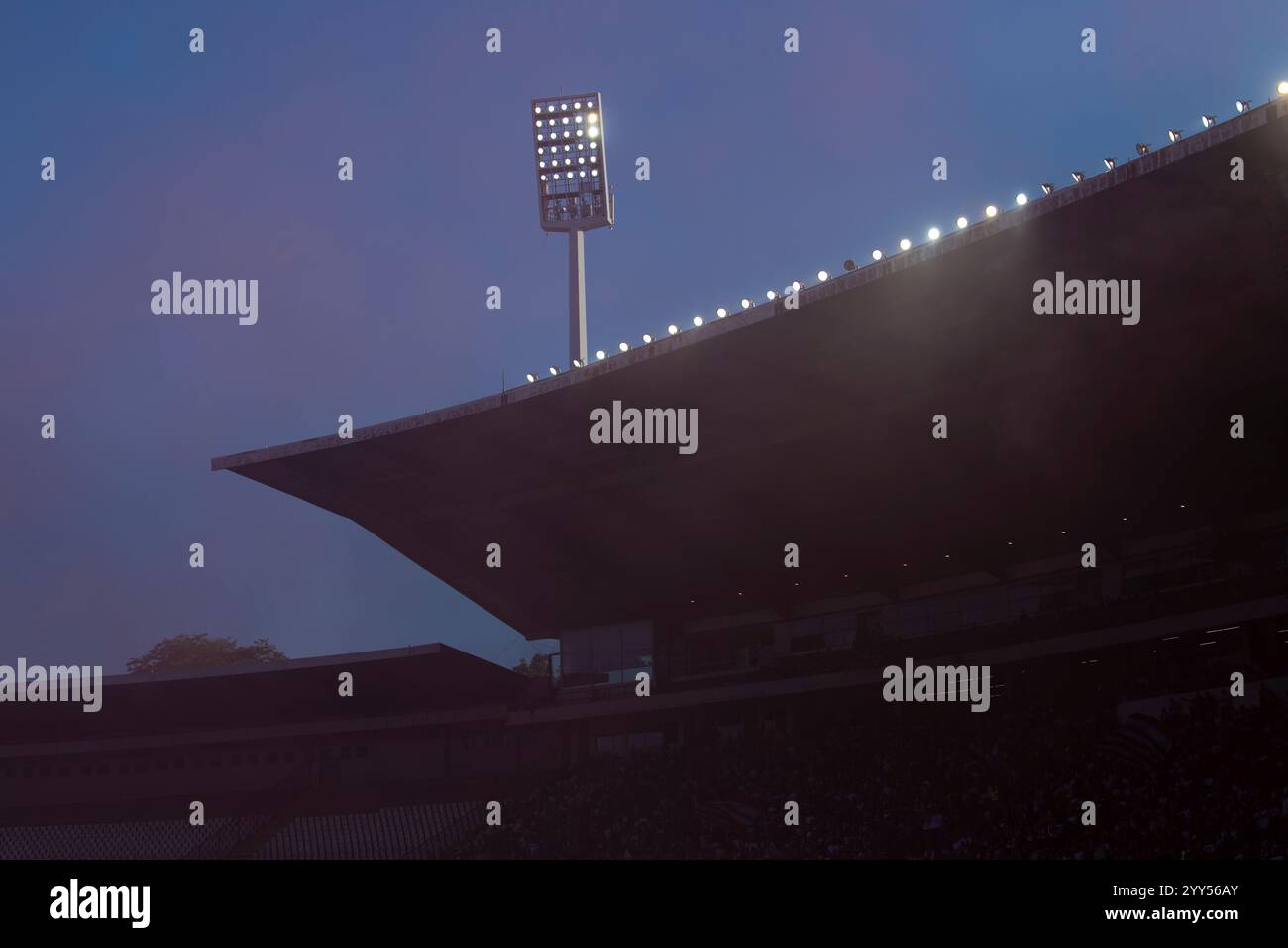 Soccer stadium lights reflectors with smoke and fog. Football field ...