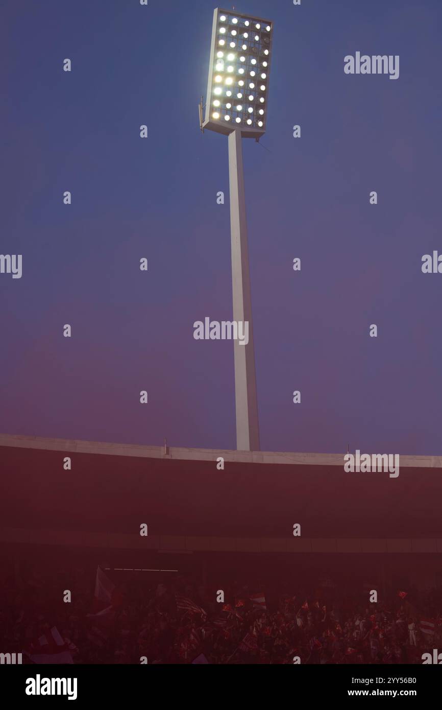 Soccer stadium lights reflectors with smoke and fog. Football field ...