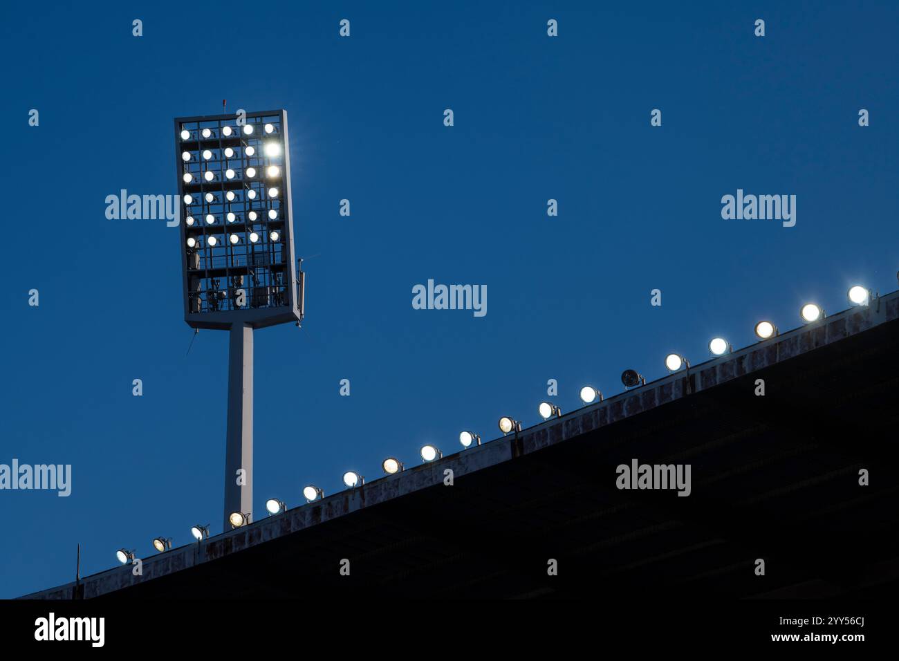 Soccer stadium lights reflectors with smoke and fog. Football field ...