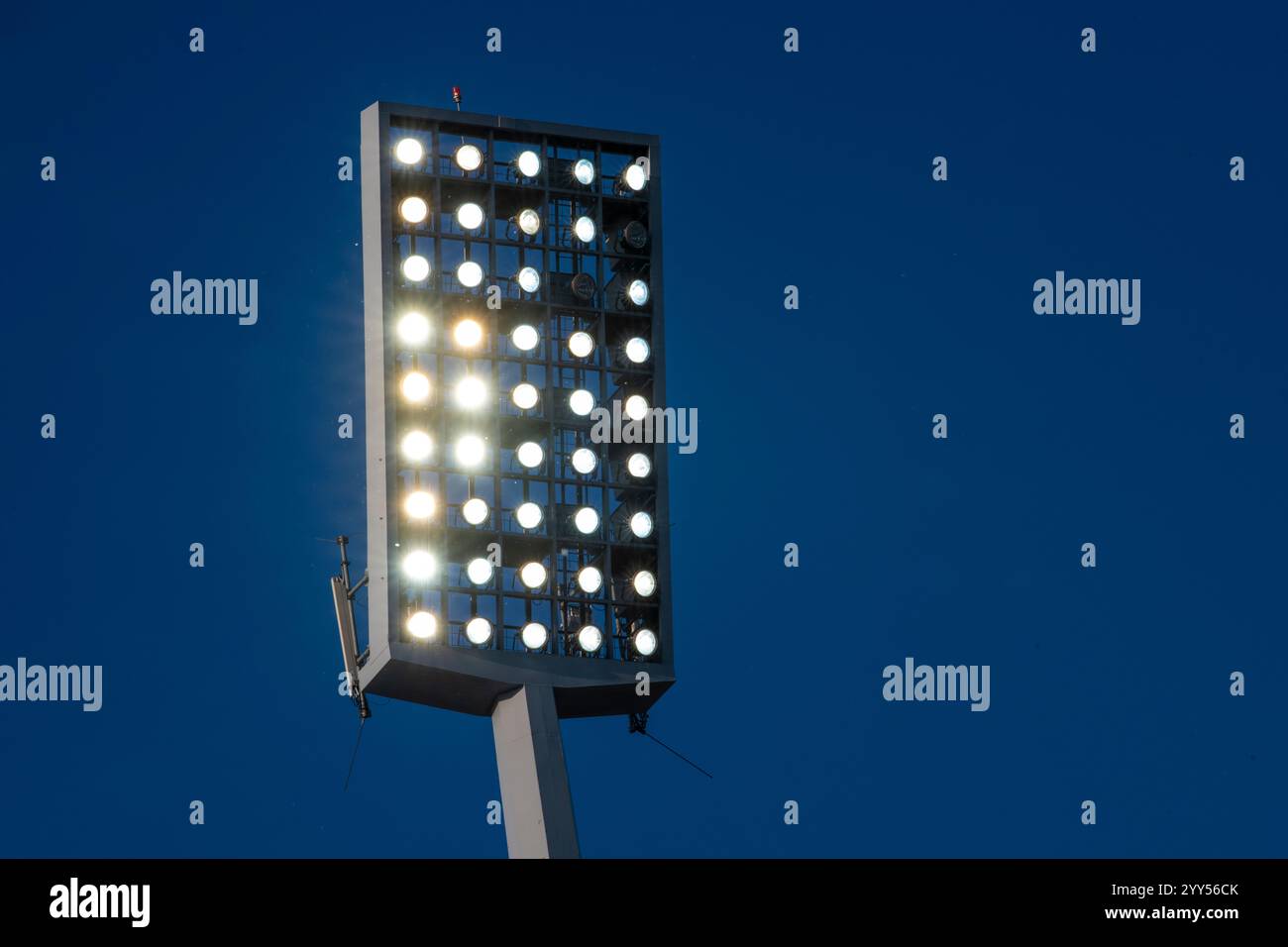 Soccer stadium lights reflectors with smoke and fog. Football field ...