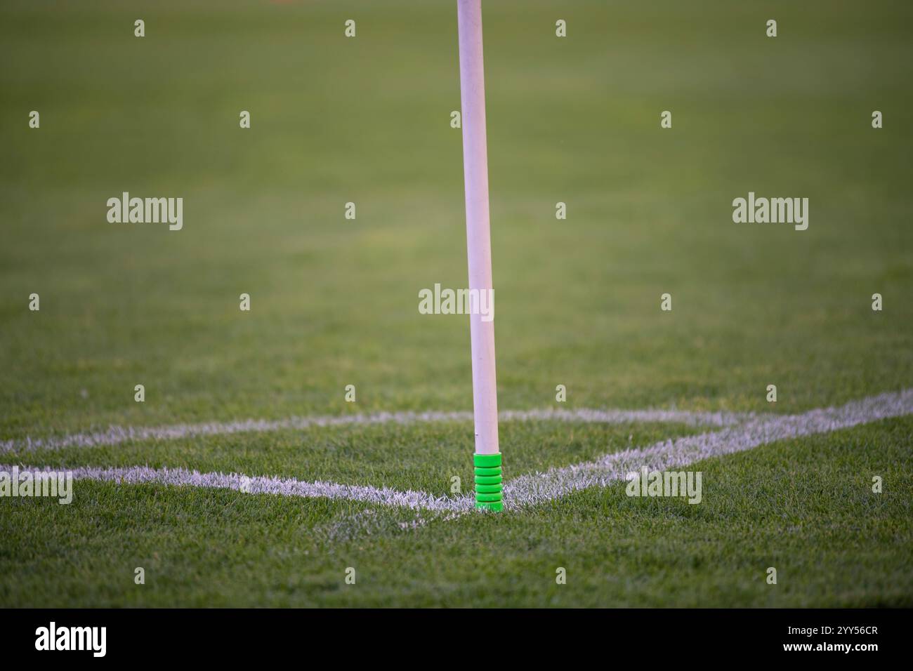 Flag corner in football field. Place for a corner kick on a soccer ball. White line marking ...