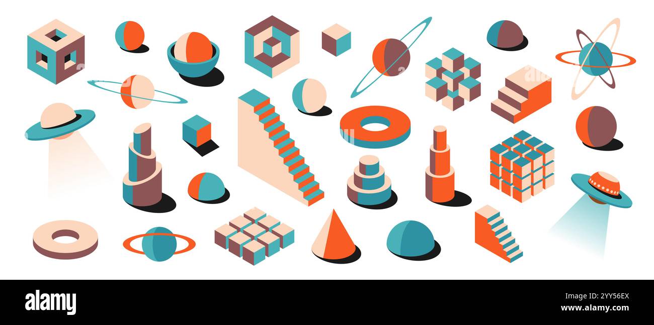 Abstract retro psychedelic 3D shapes collection with vibrant colors ...