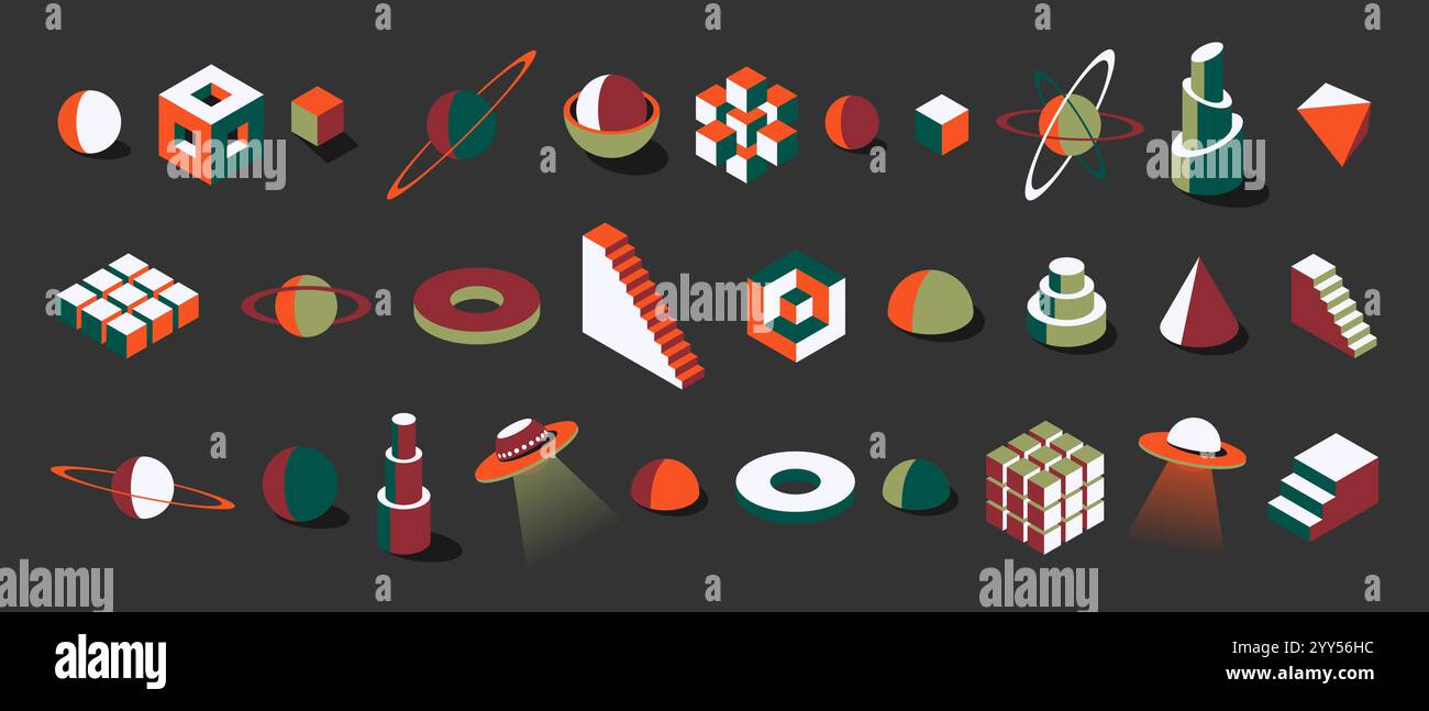Vibrant Y2K isometric shapes in retro brutalist style. Includes 3D cubes, planets, spheres and ...