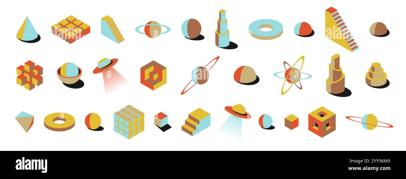 Collection of 3D abstract shapes with bright colors. Retro style ...