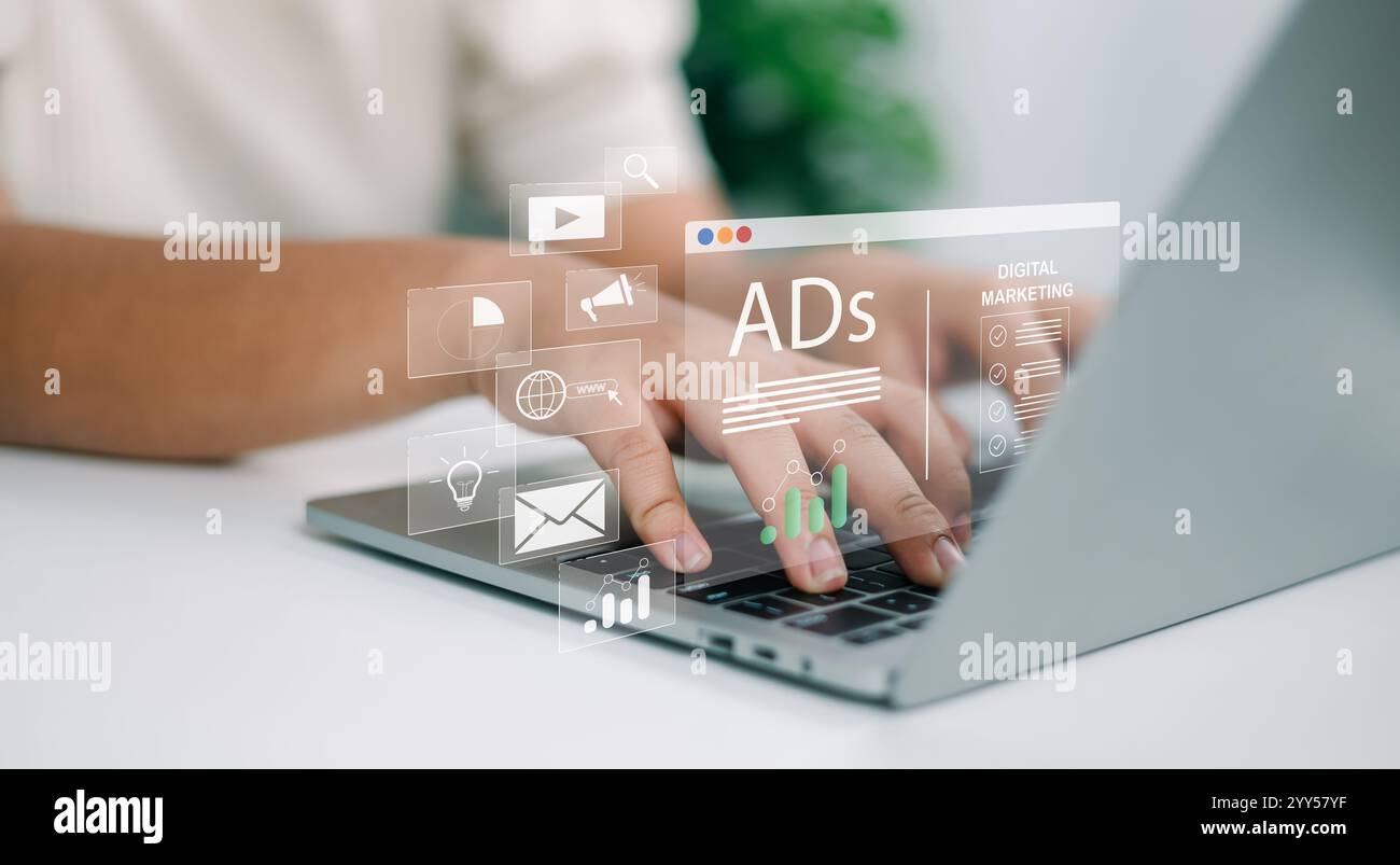 Woman using laptop and tablet with Ads dashboard digital marketing ...