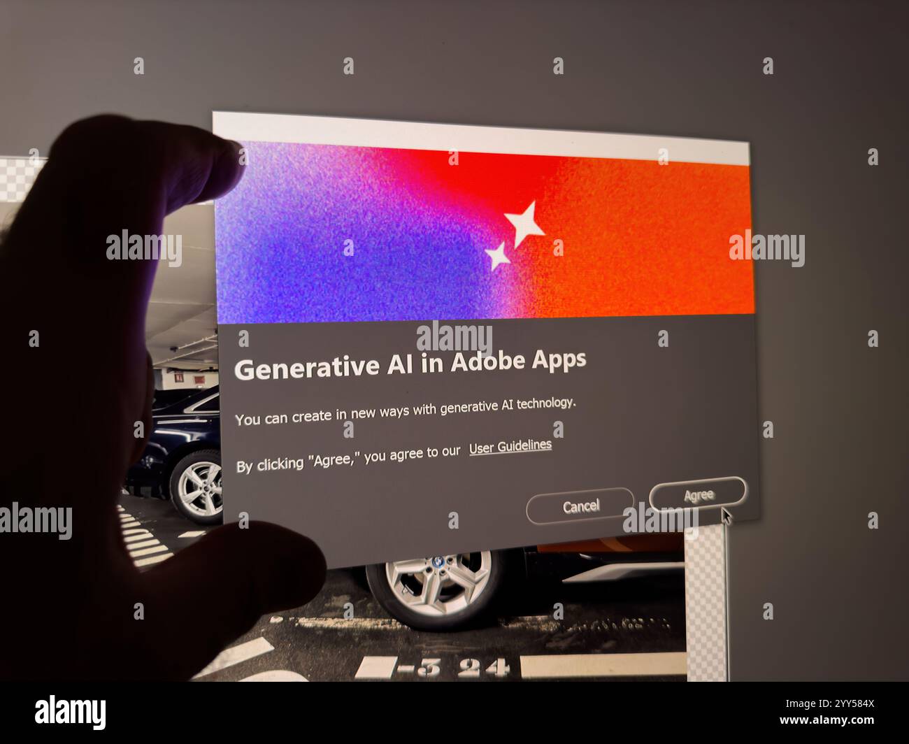 Paris, France - Oct 22, 2024: Agreement screen for using Adobe's Generative AI, highlighting ...