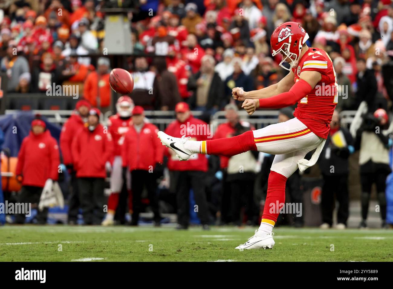 Kansas City Chiefs punter Matt Araiza (14) kicks the ball during an NFL ...