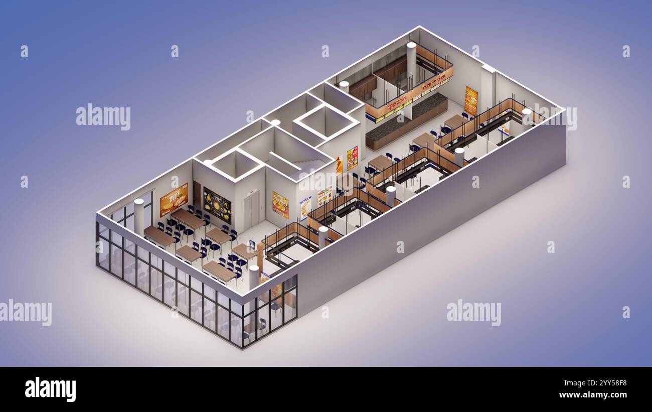 Isometric 3d rendering interior design of a food court Stock Photo - Alamy