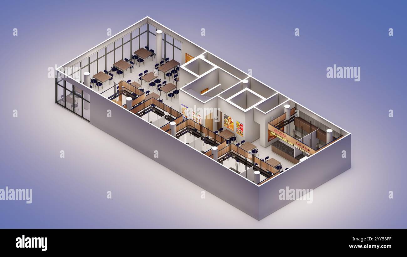 Isometric 3d rendering interior design of a food hall Stock Photo - Alamy