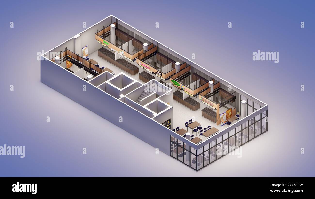 Isometric interior design of a food court 3d rendering Stock Photo - Alamy