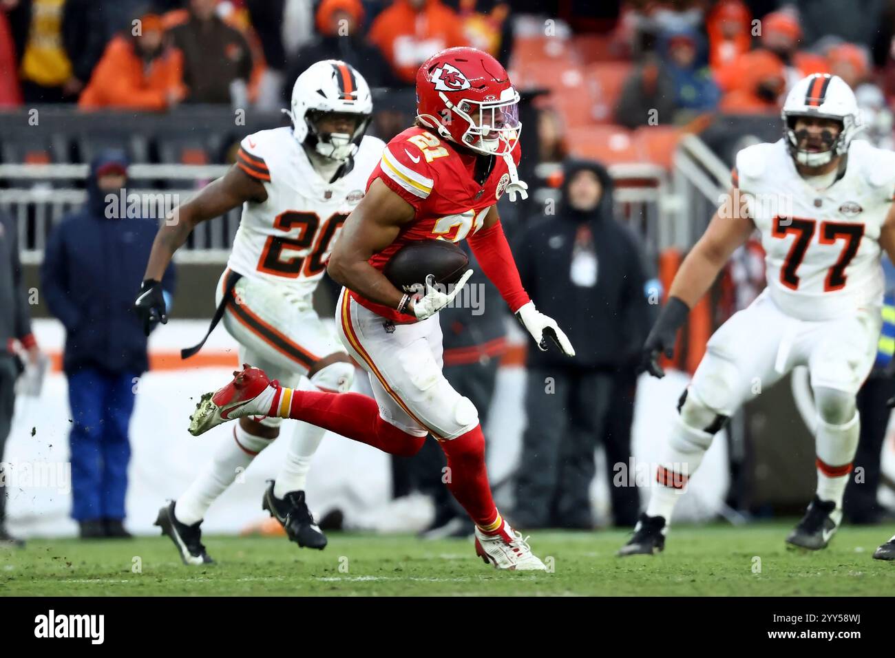 Kansas City Chiefs safety Jaden Hicks (21) runs with the ball during an ...