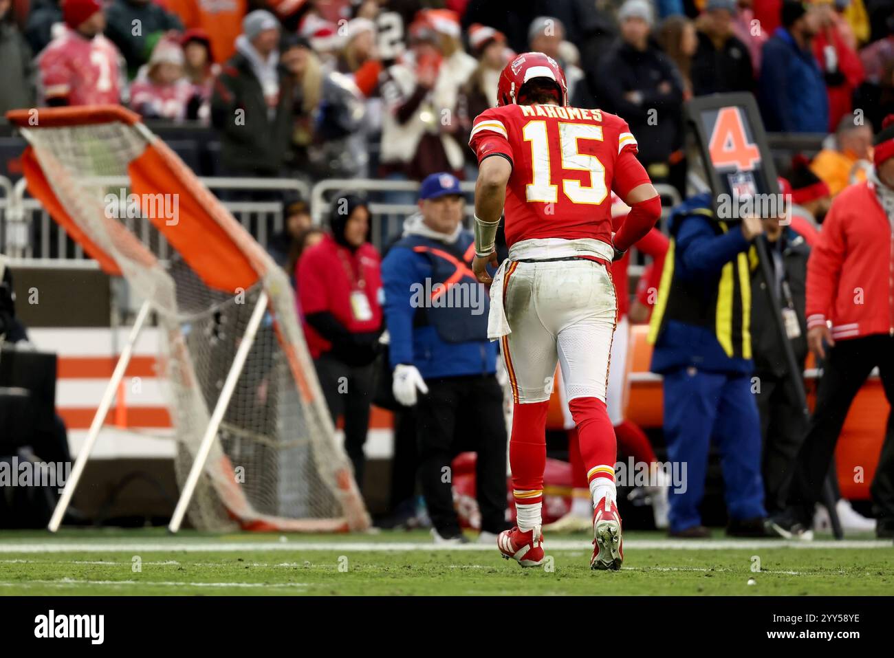 Kansas City Chiefs quarterback Patrick Mahomes (15) walks back to the ...