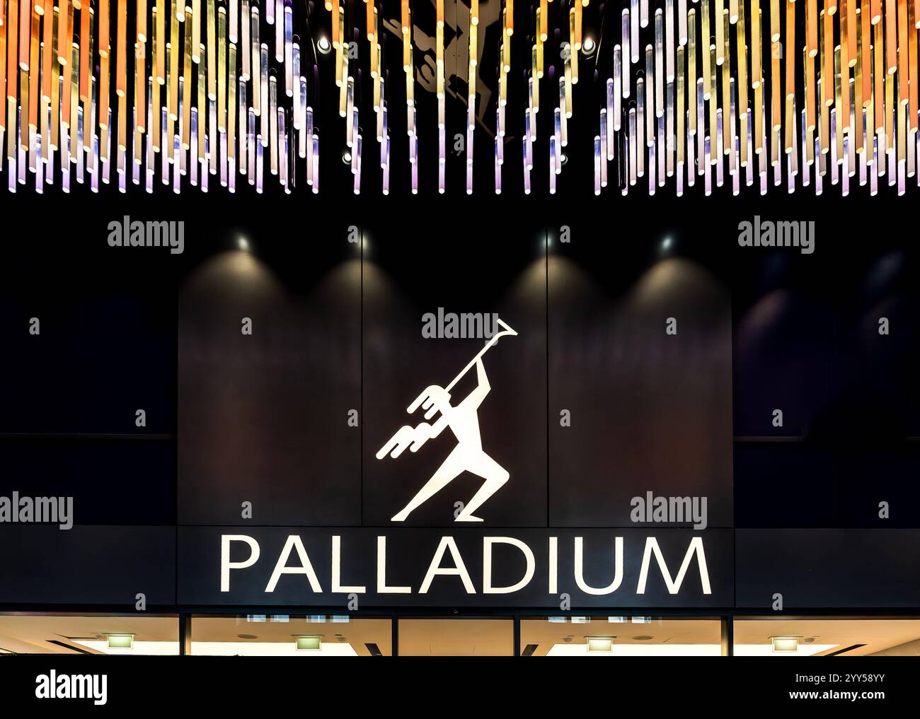 Entrance and logo of Palladium Shopping Mall in Náměstí Republiky ...