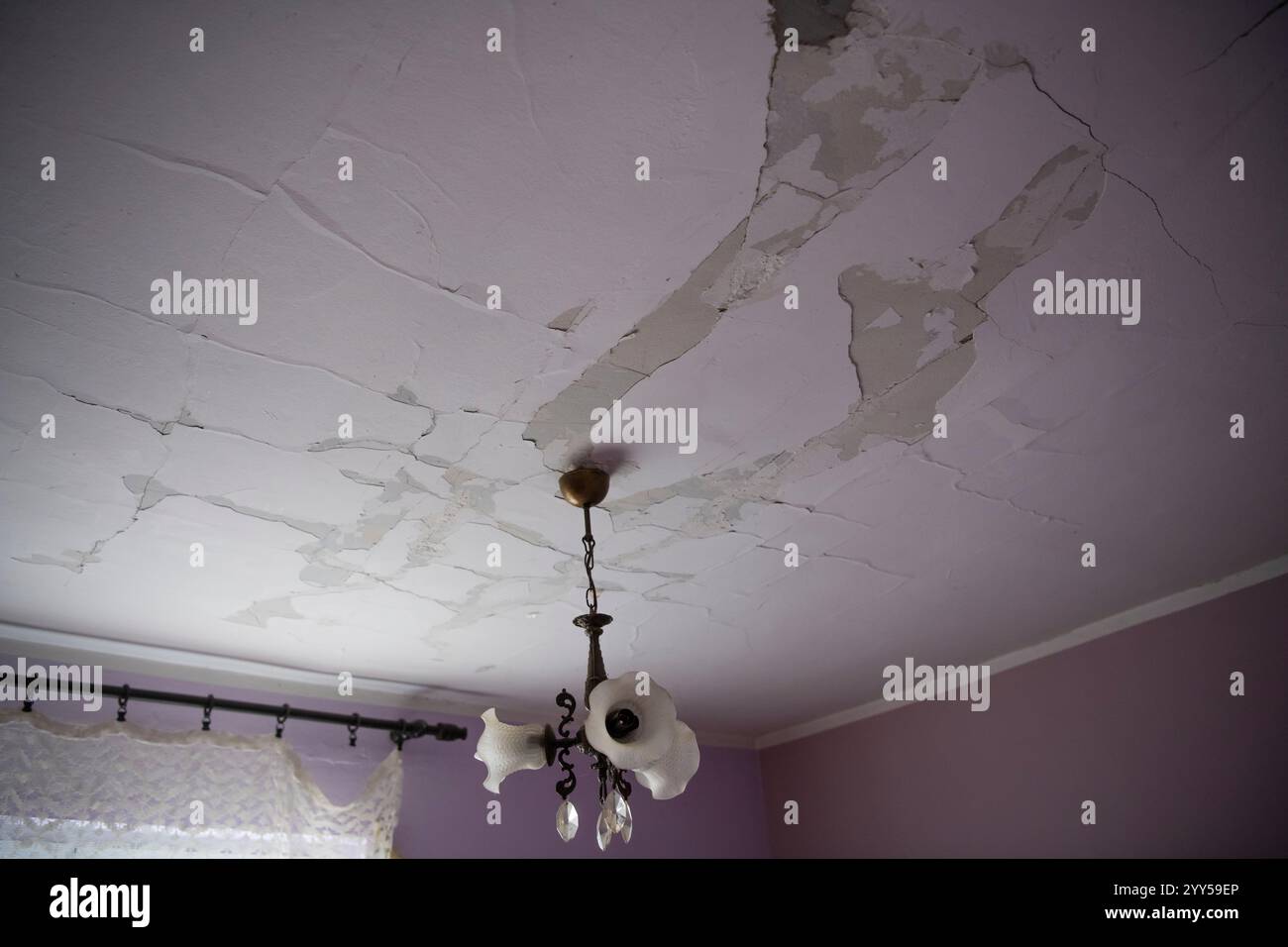 Peeling paint wall of water leak in plaster ceiling. Big wet spots and ...