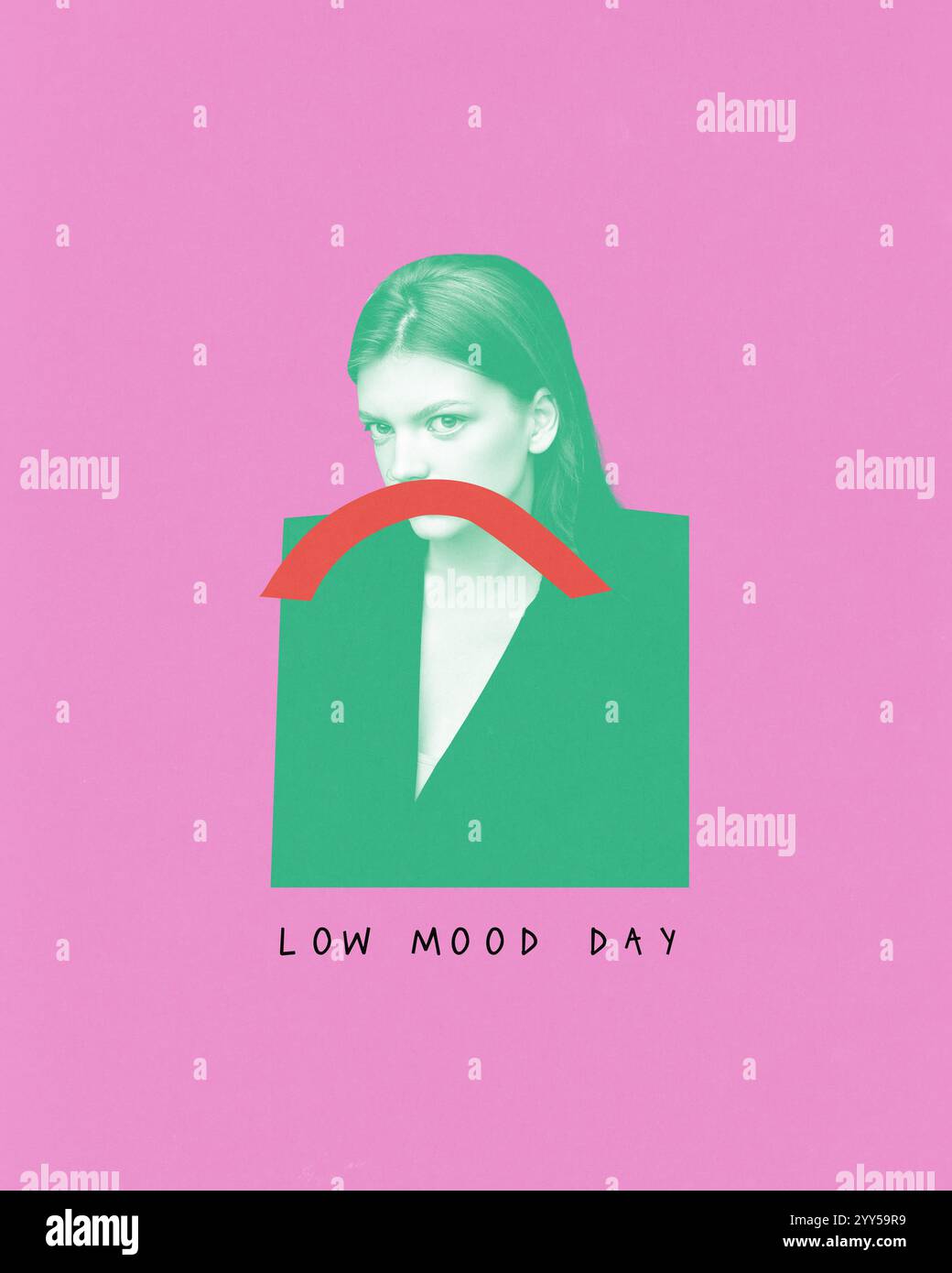 Poster. Contemporary art collage. Low mood day. Woman in green effect ...